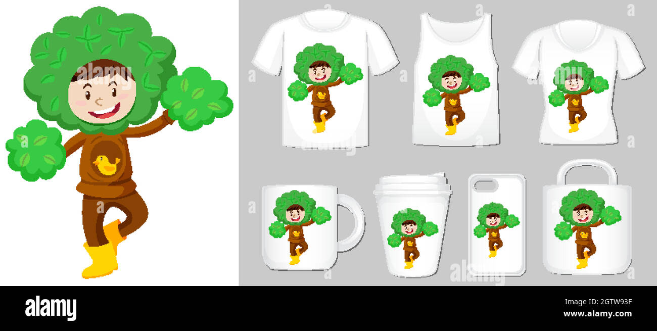 Graphic of kid in tree costume on different product templates Stock ...