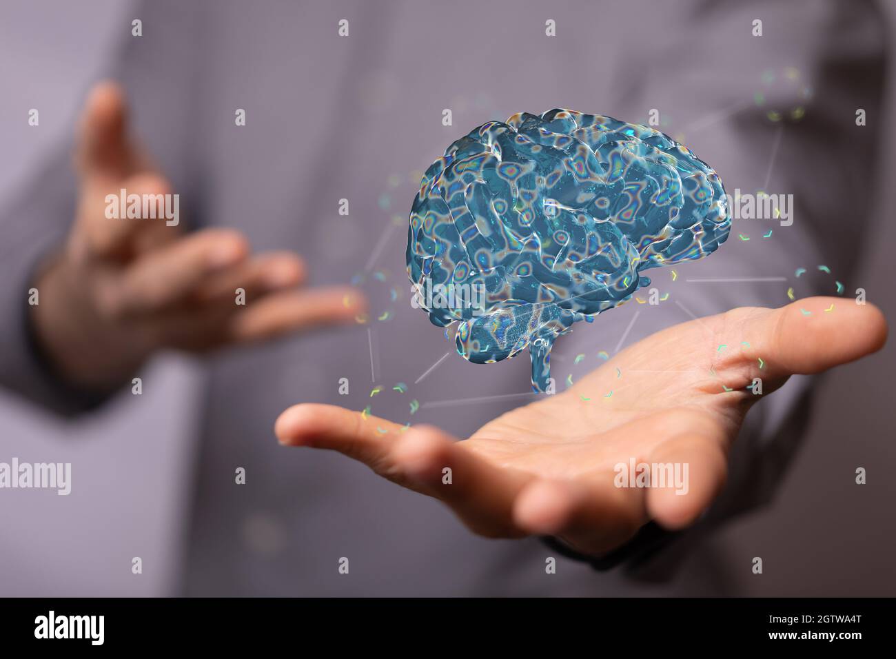 Person presenting the virtual 3D rendered projection of the human brain ...