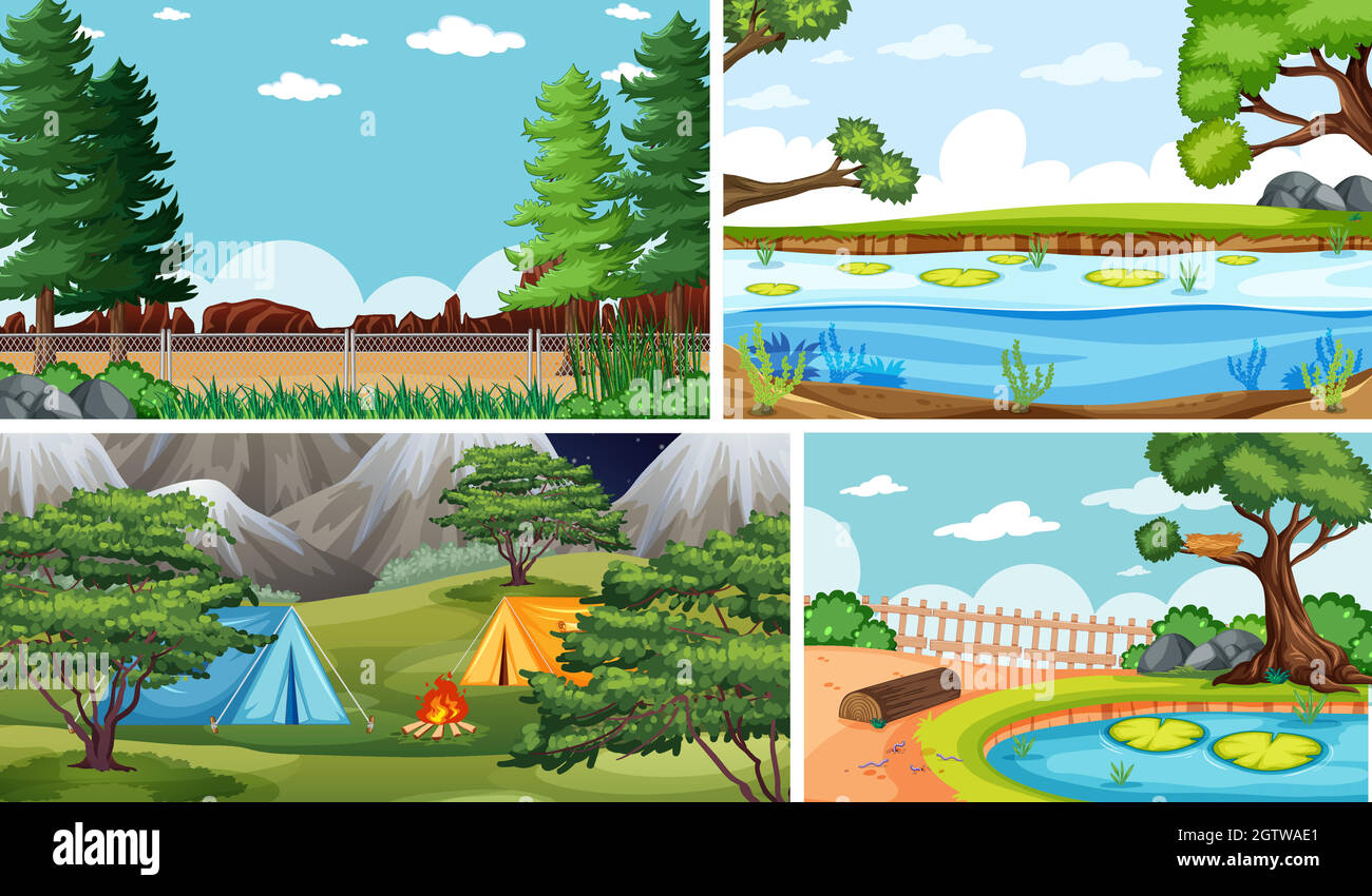 Four different scenes in nature setting cartoon style Stock Vector ...