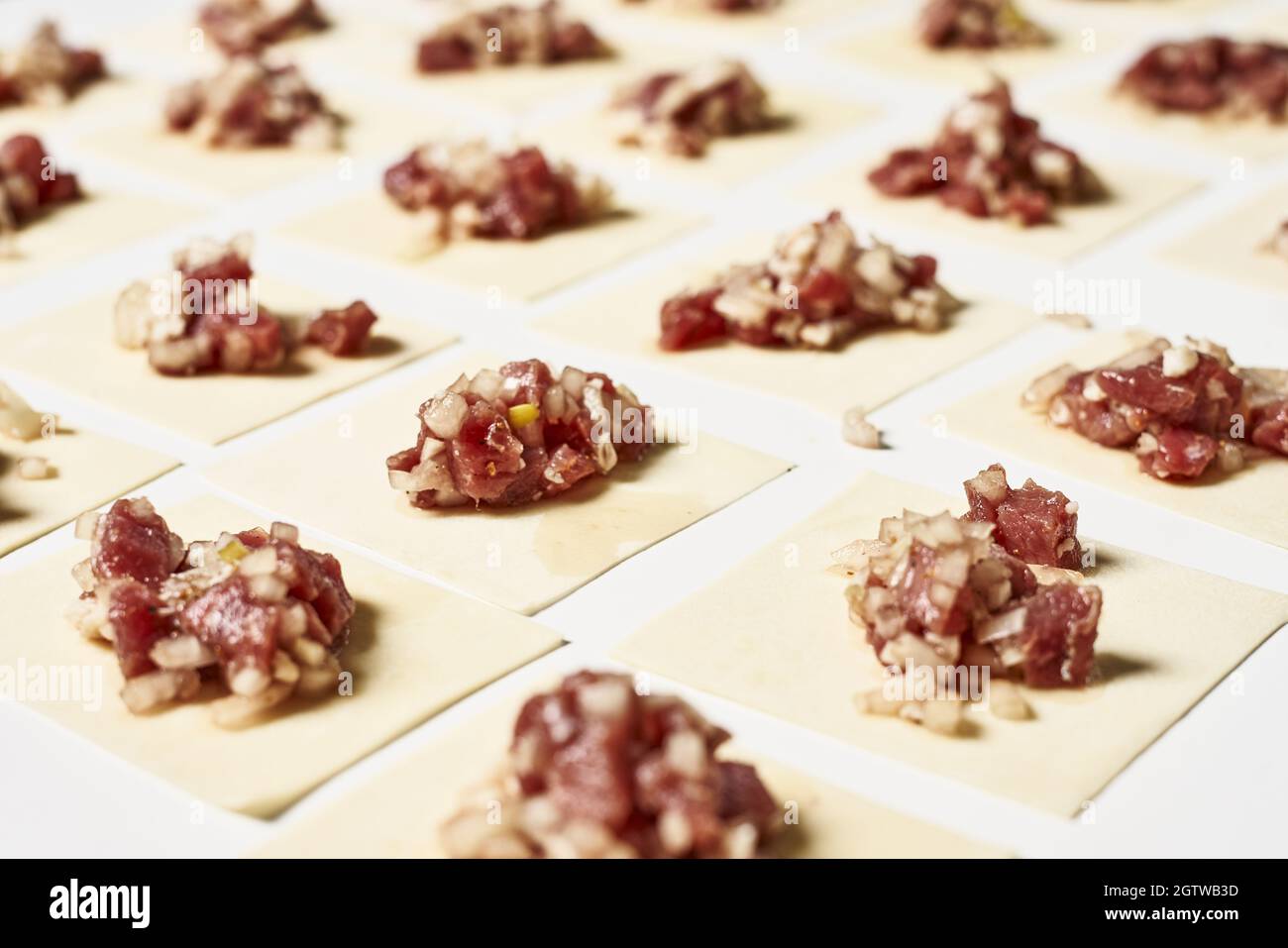 Raw meat dish beautifully lined up next to each other Stock Photo - Alamy