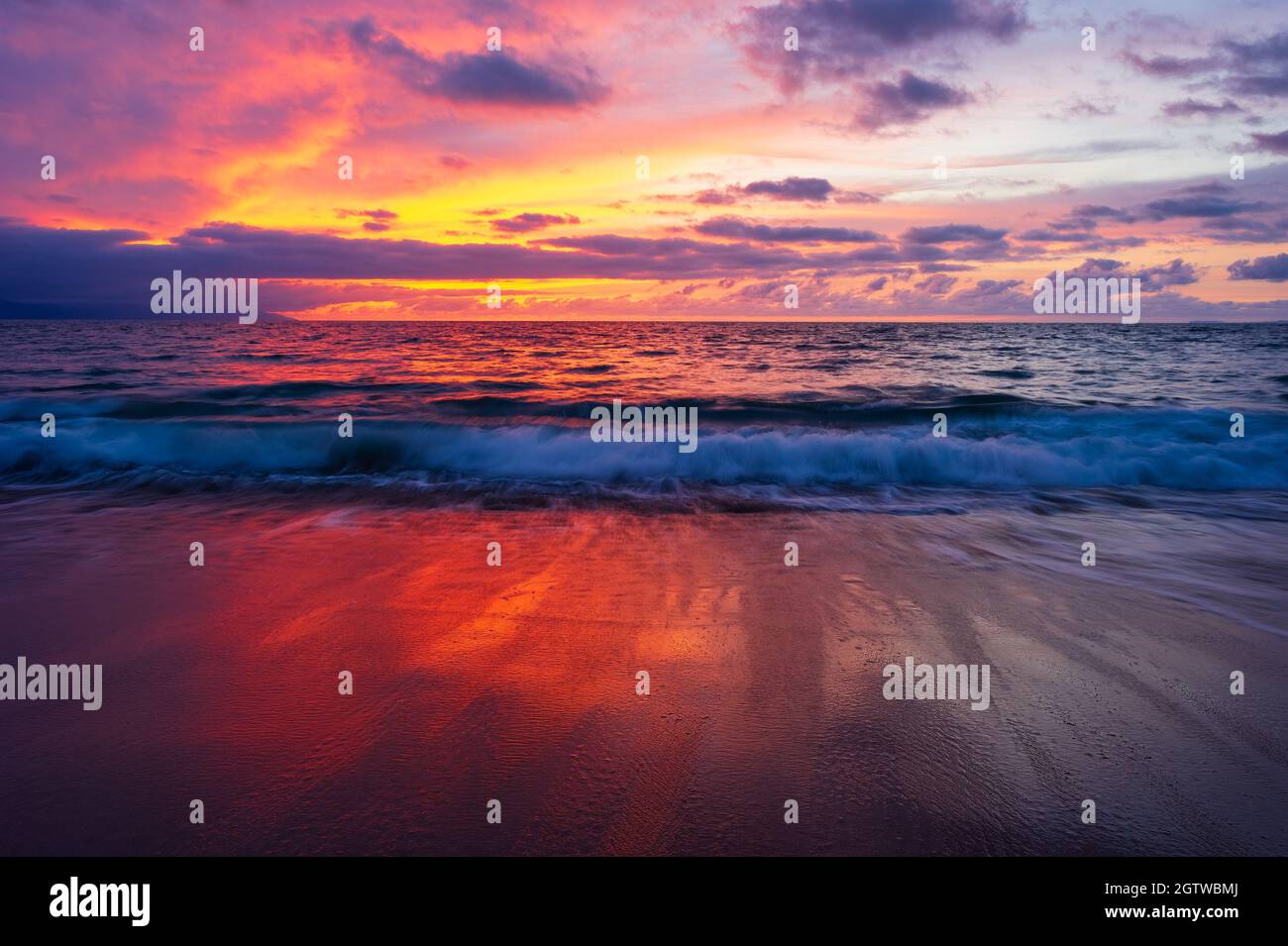 A Beautiful Ocean Sunset Seascape Wave With A Colorful Sunset Sky As A ...