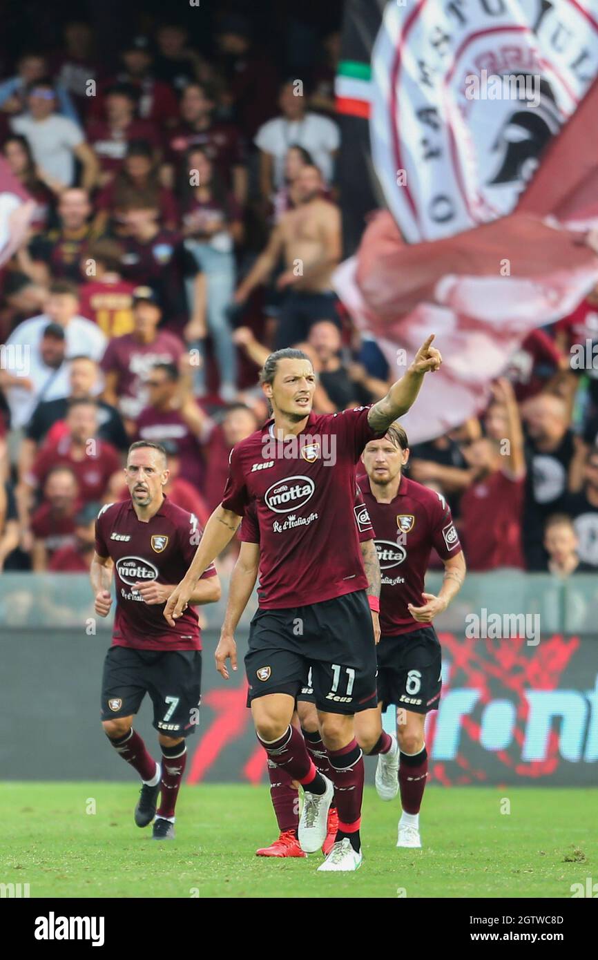 Salernitana's Bosnian forward Milan Djuric celebrates after scoring a ...
