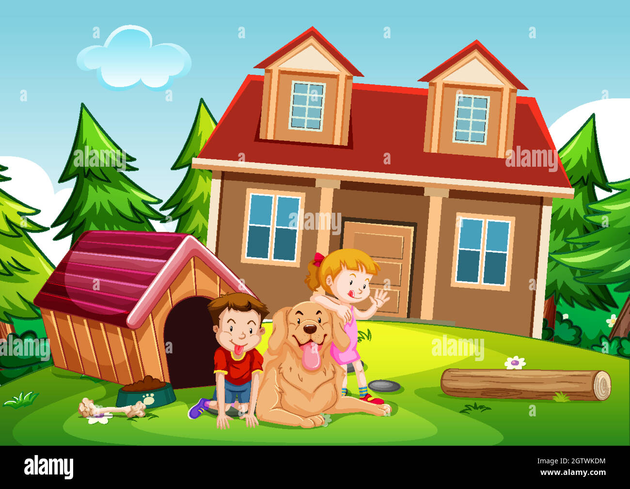 Outdoor scene with children playing with cute dog in front of the house ...