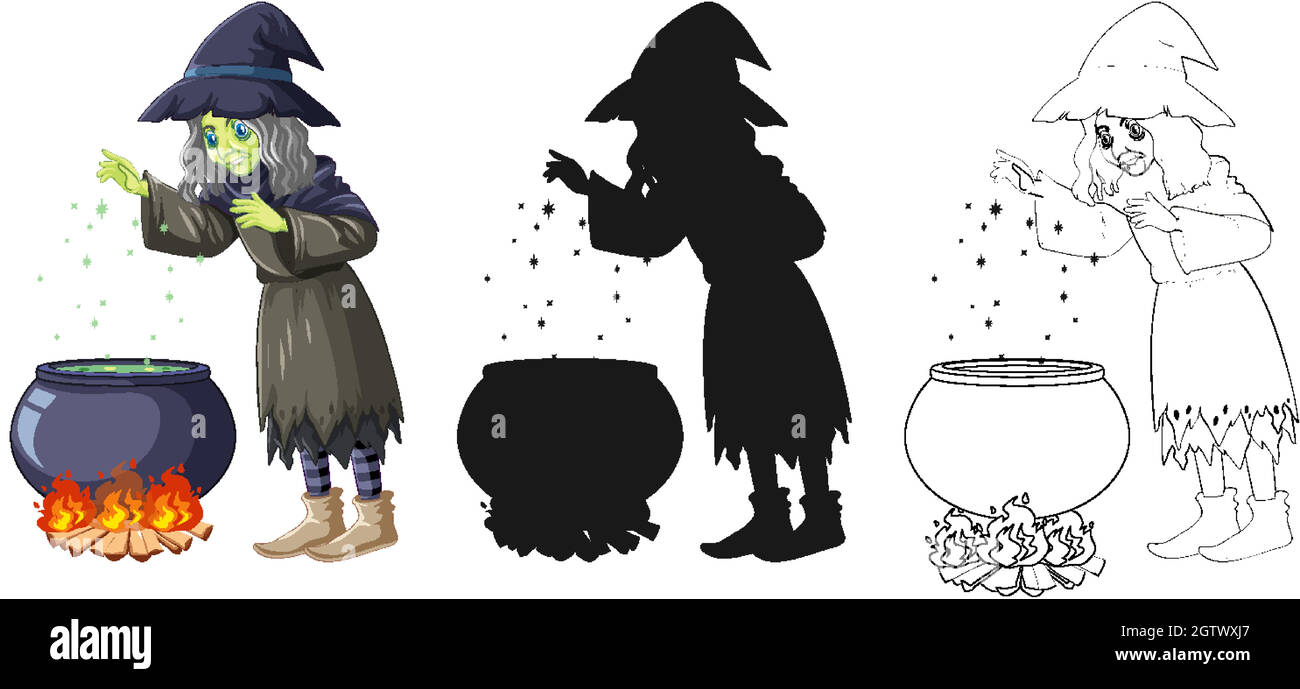Witch with magic pot in color and outline and silhouette cartoon ...