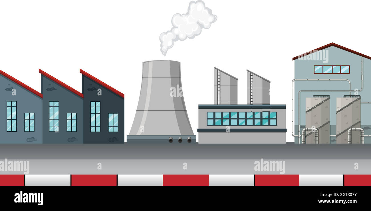 Factory scene with smoke stacks and cooling towers Stock Vector Image ...