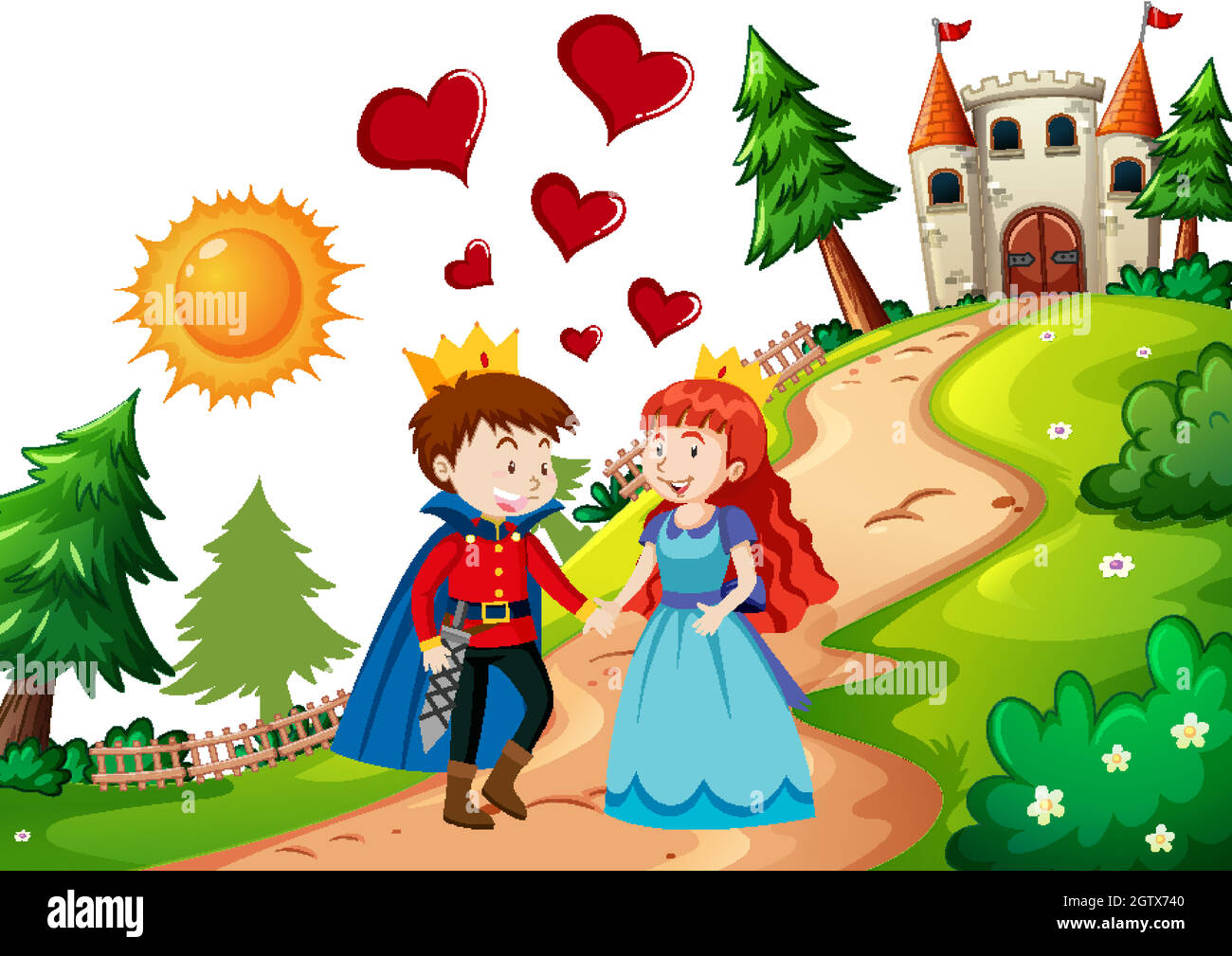 Prince and princess with the castle in nature scene Stock Vector Image ...