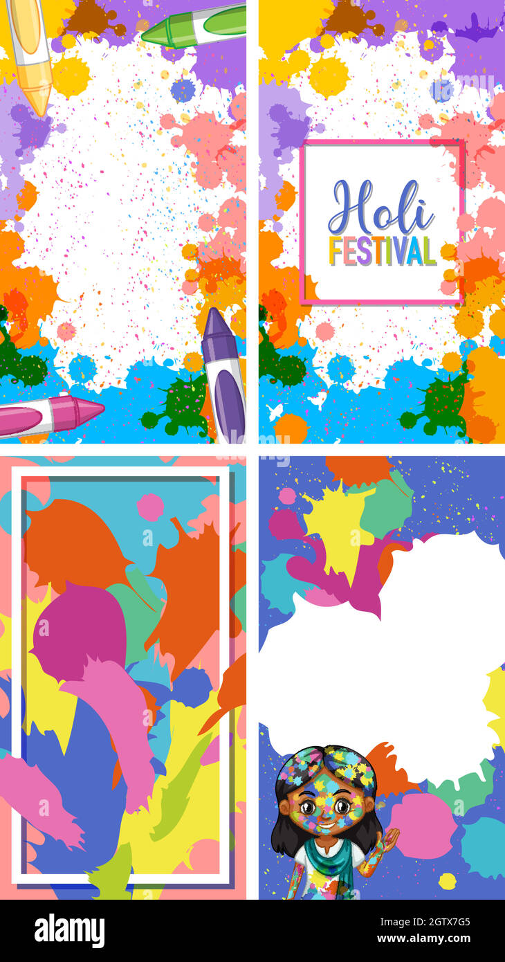 Four frame designs for Holi festival with colorful watercolor paints ...