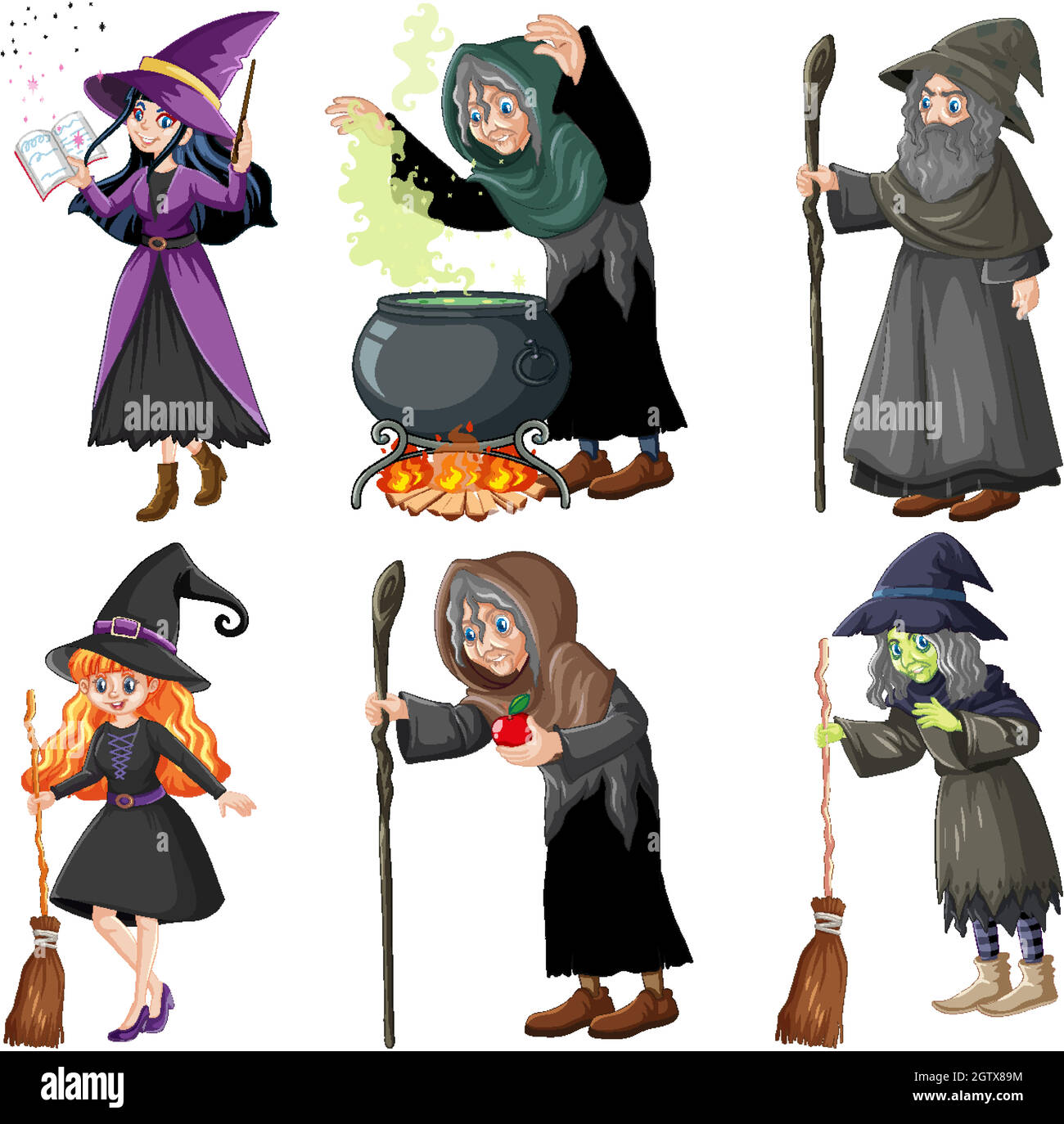 Set of wizard or witches with magic tools cartoon style isolated on ...