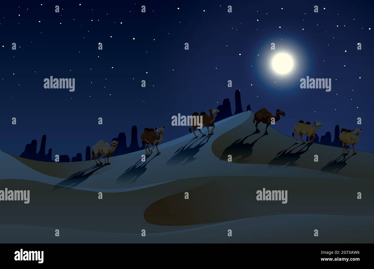 Camels walking across desert at night Stock Vector Image & Art - Alamy