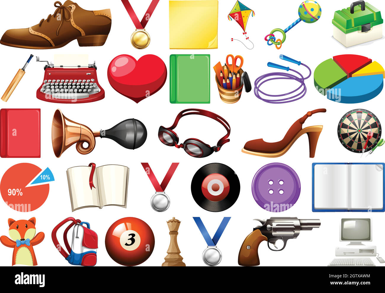 Assorted office, home and school related objects and toys isolated ...