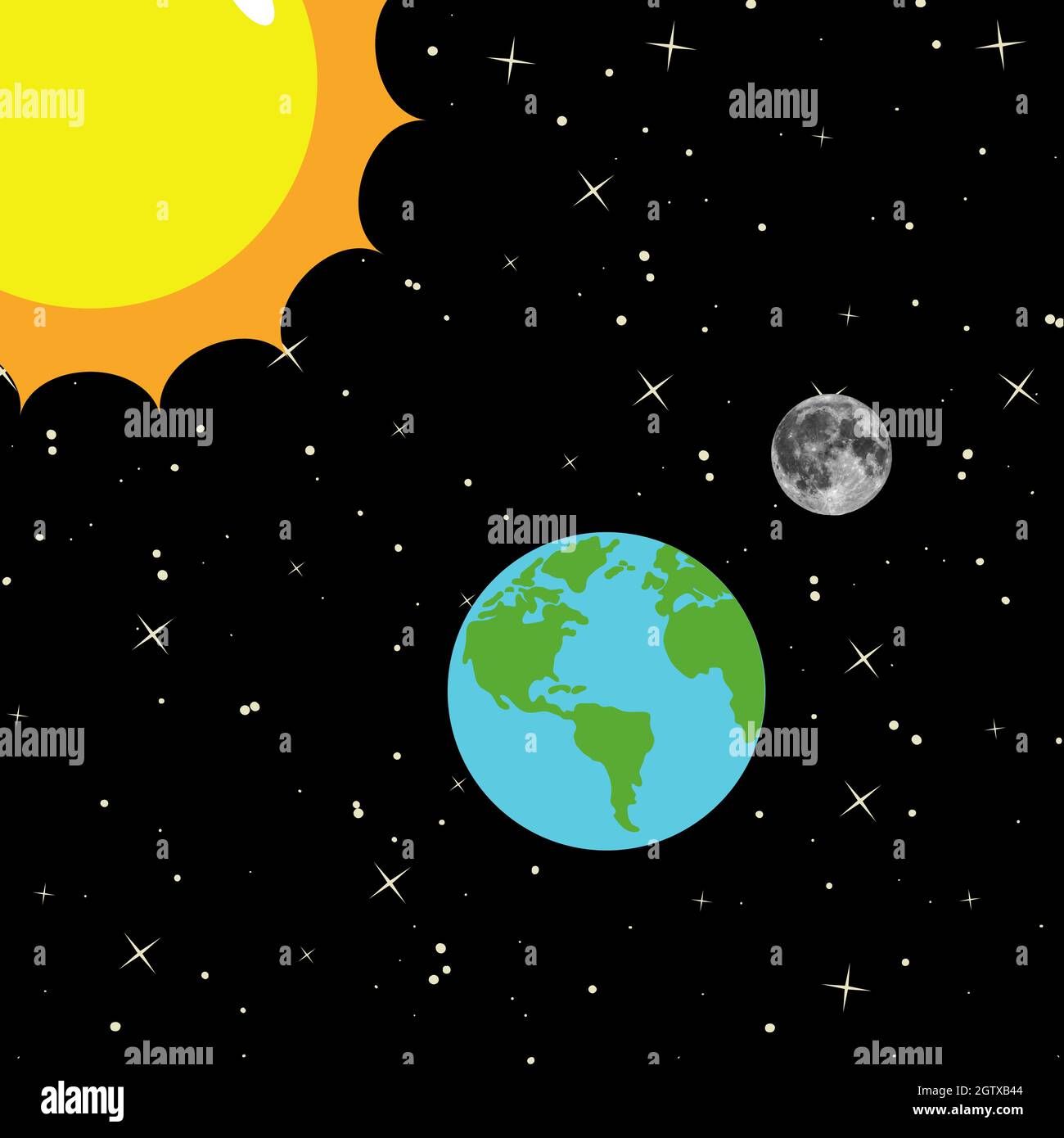 Sun, earth and moon with dark starry background Stock Photo - Alamy