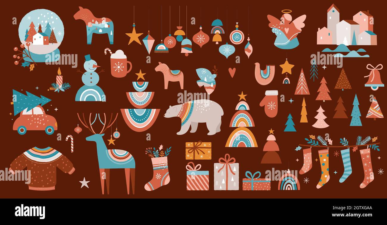 Merry Christmas Boho, Bohemian collection. Vector trendy Xmas design ...