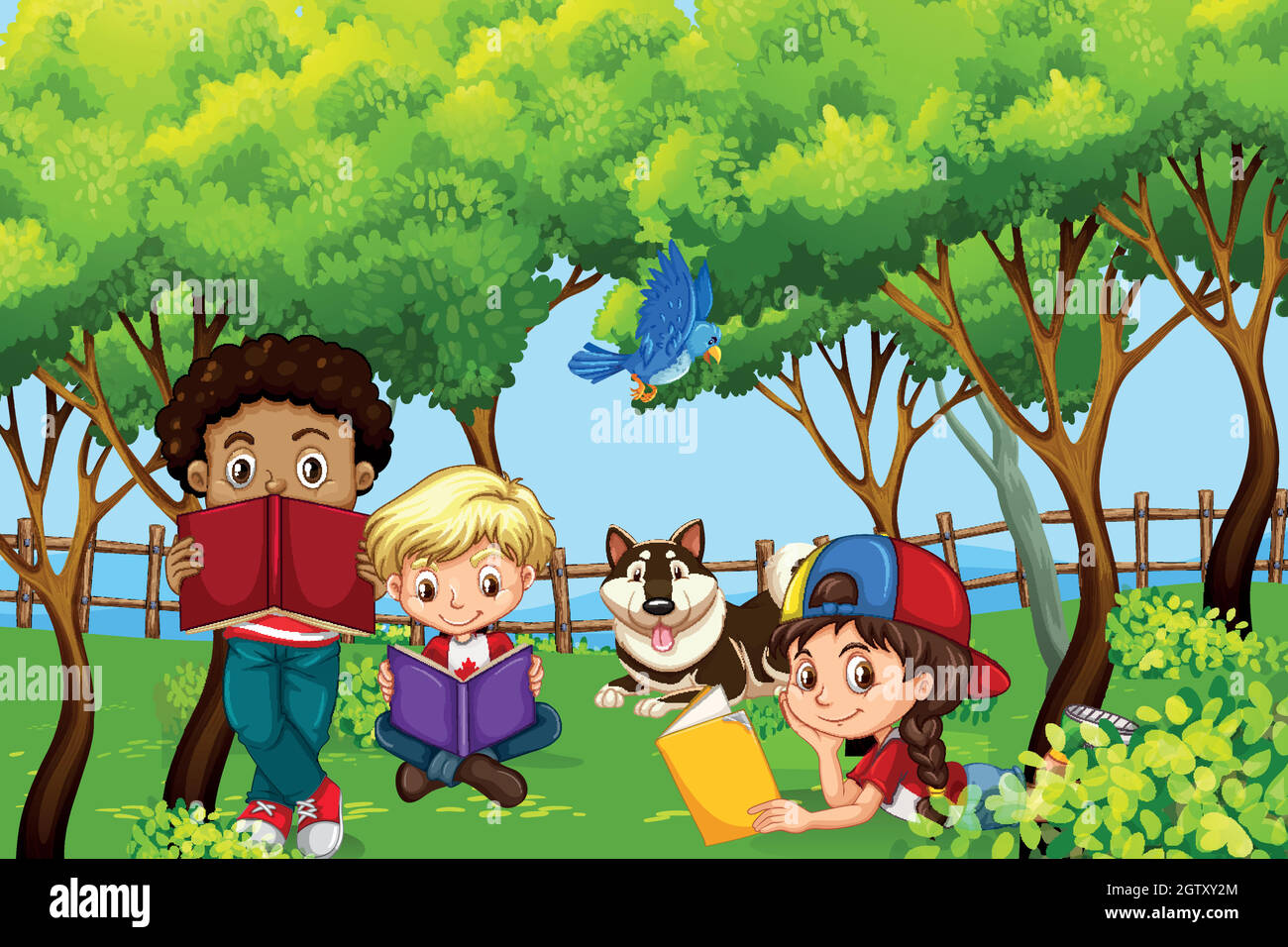 International children kids reading in the park Stock Vector Image ...