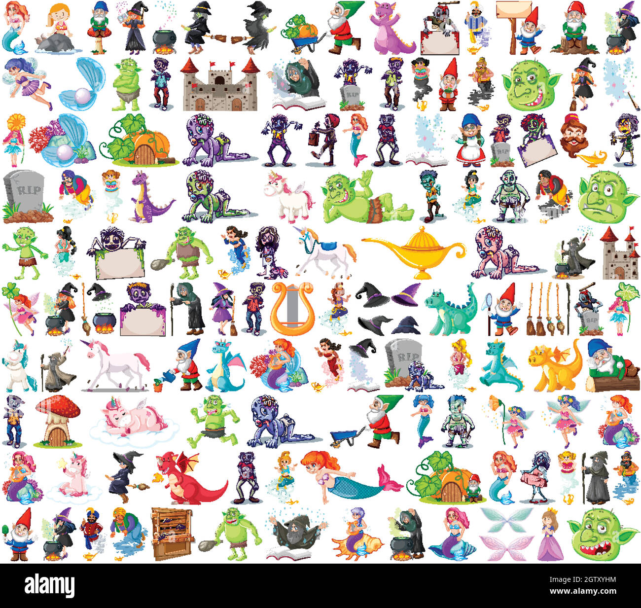 Set of fantasy cartoon characters and fantasy theme isolated on white ...