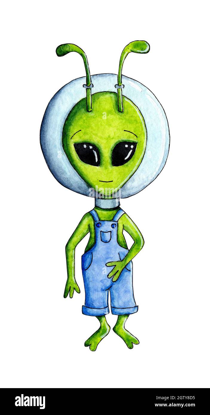 Watercolor illustration of a green alien with big black eyes and ...