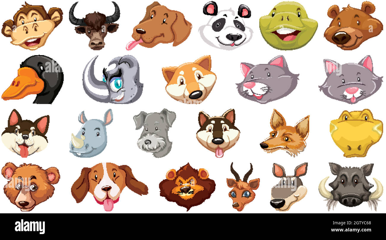Set of different cute cartoon animals head huge isolated on white ...