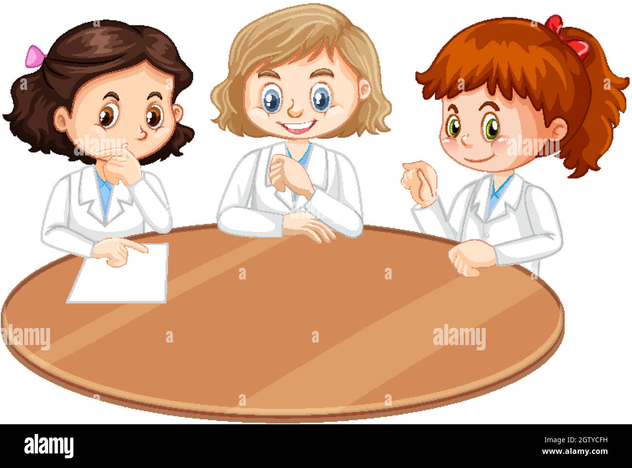 Three scientist girls cartoon character with blank table Stock Vector ...