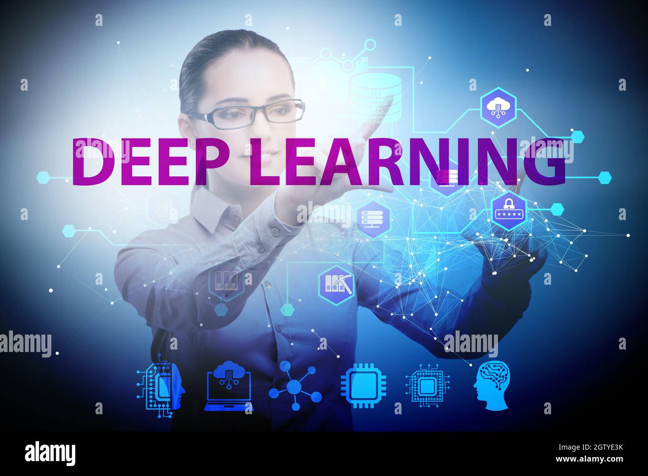 Deep learning concept with the businessman pressing button Stock Photo ...