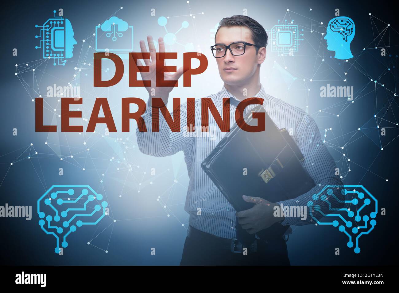 Deep learning concept with the businessman pressing button Stock Photo ...