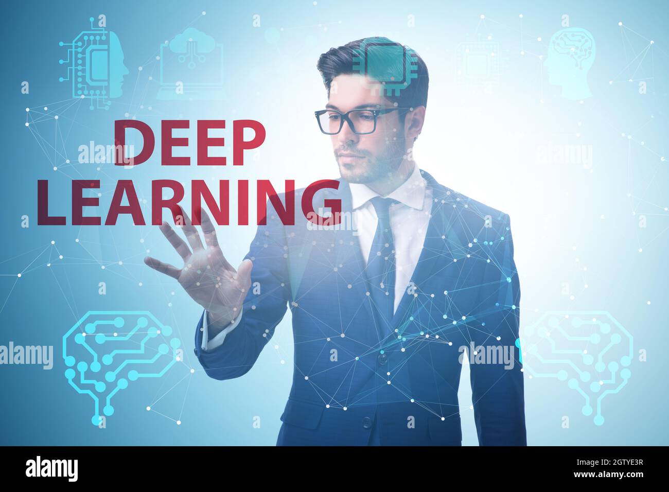 Deep learning concept with the businessman pressing button Stock Photo ...