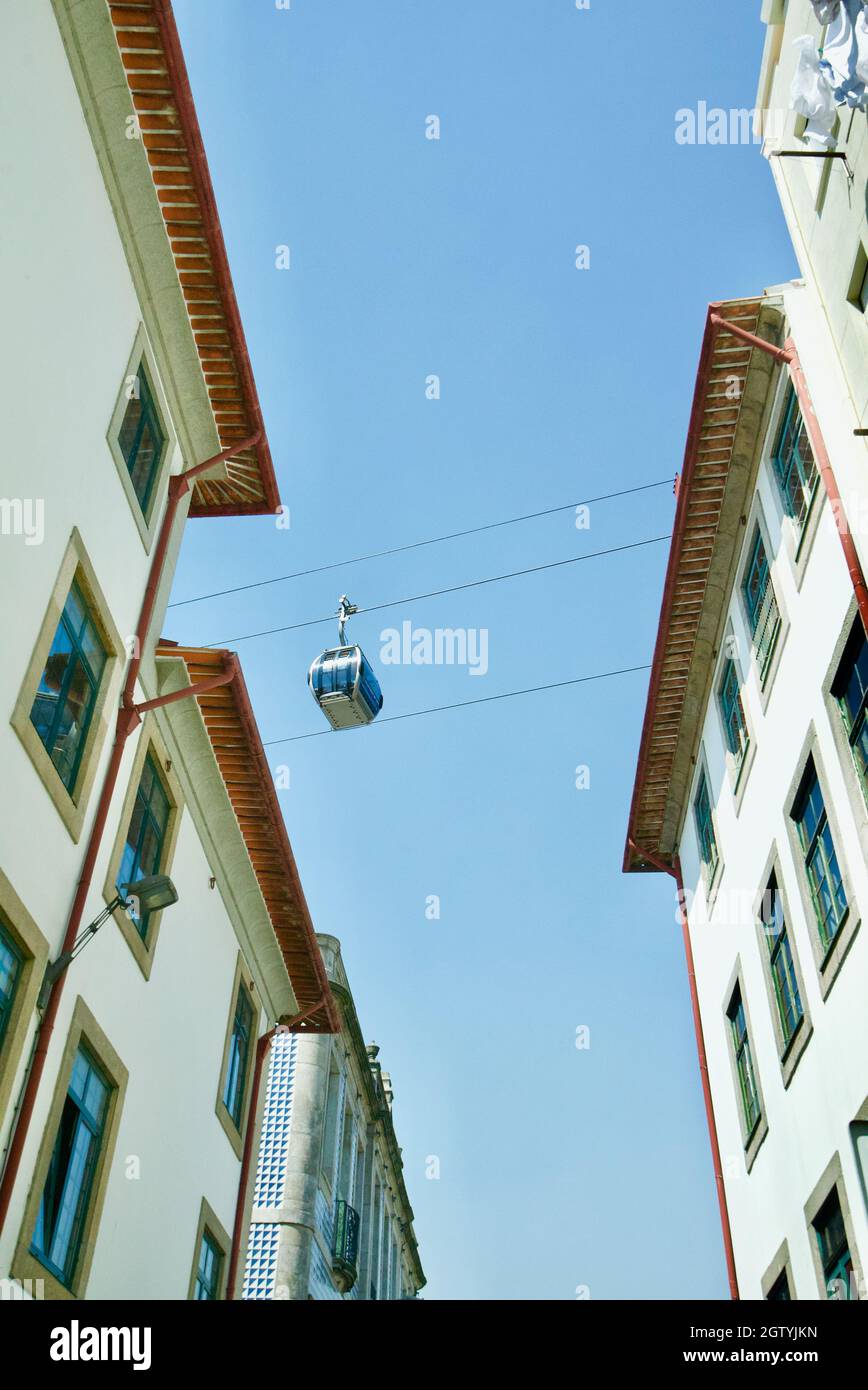 Gaia Cable Car, Porto, Portugal. Seen overhead passing the buildings of ...