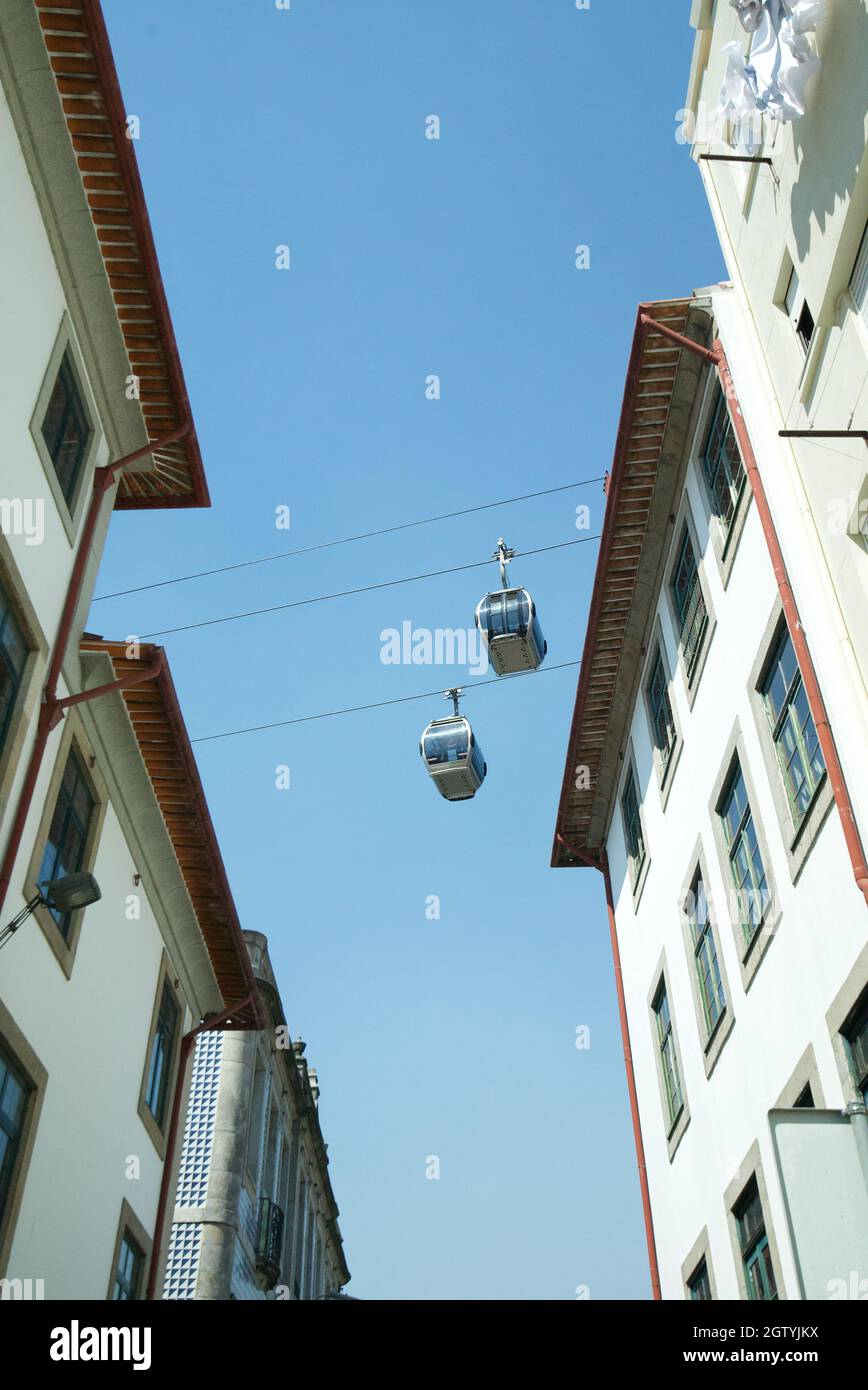 Gaia Cable Car, Porto, Portugal. Seen overhead passing the buildings of ...