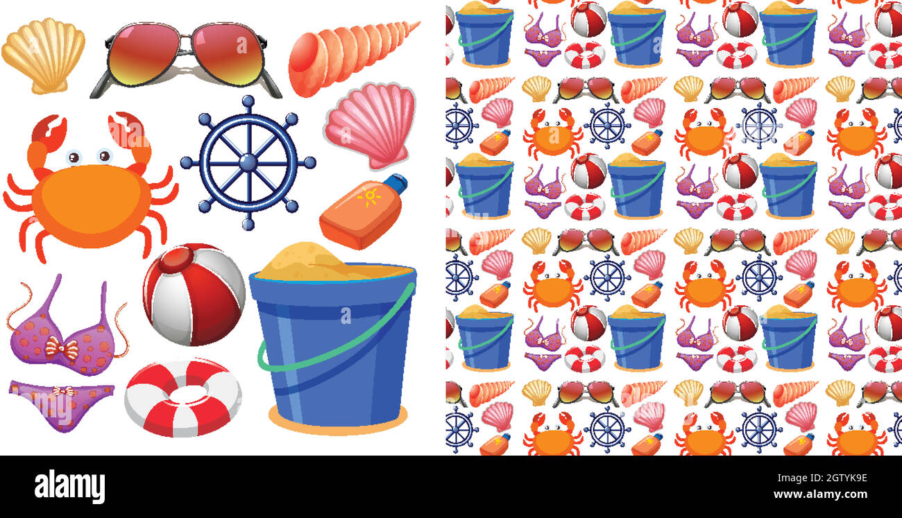 Seamless background design with isolated set of beach objects Stock ...