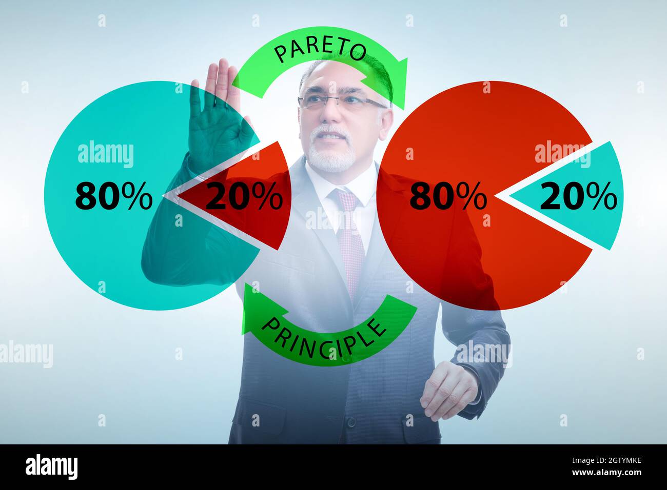 Businessman in the pareto rule illustration Stock Photo - Alamy