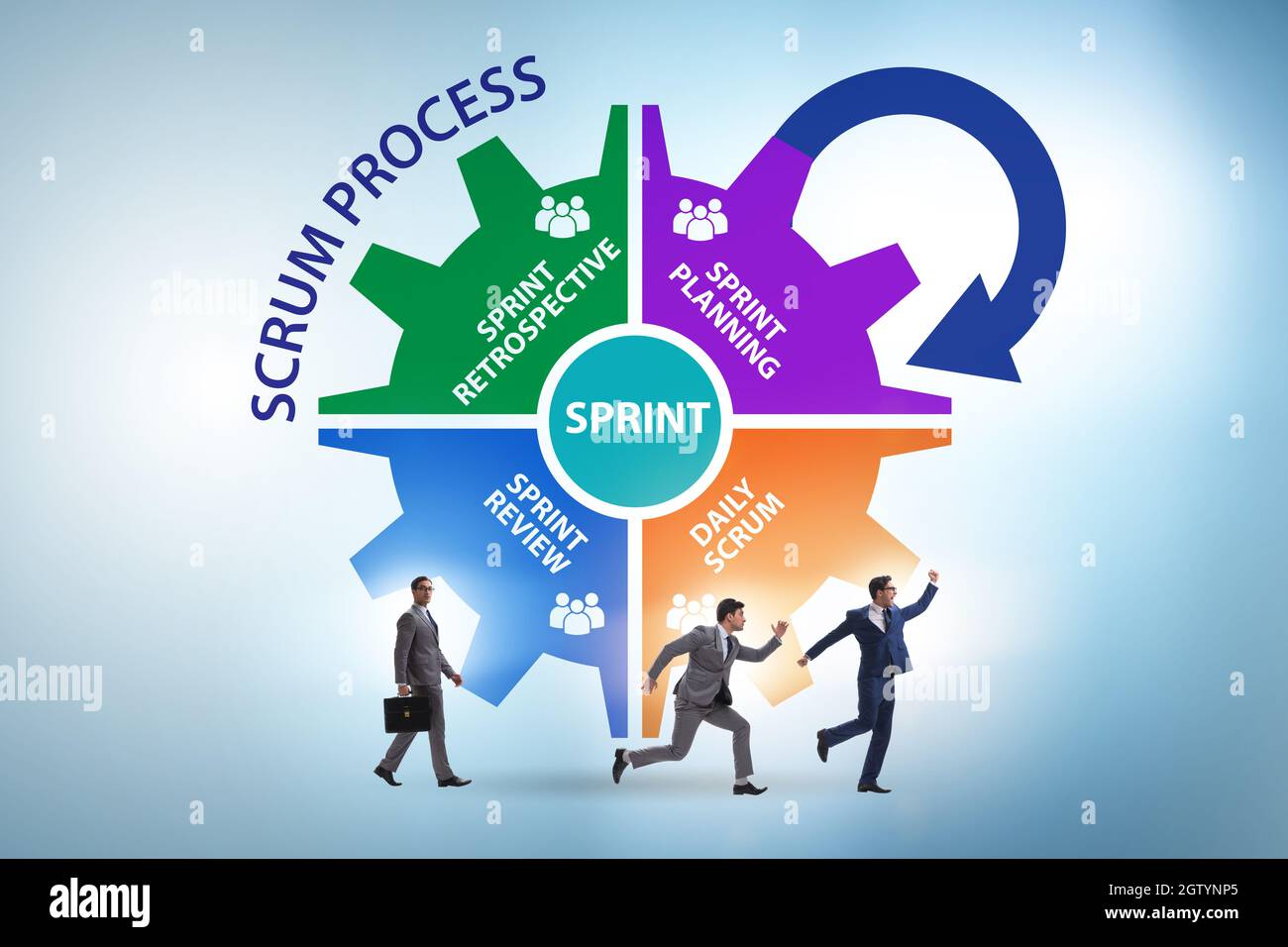 Scrum process illustration with the businessman Stock Photo - Alamy