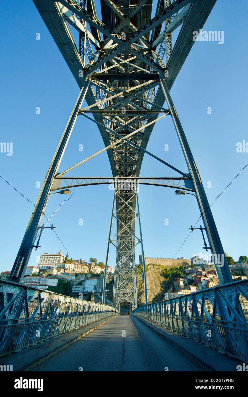 View below/underneath the Luís I Bridge, Porto. The Dom Luís I Bridge ...