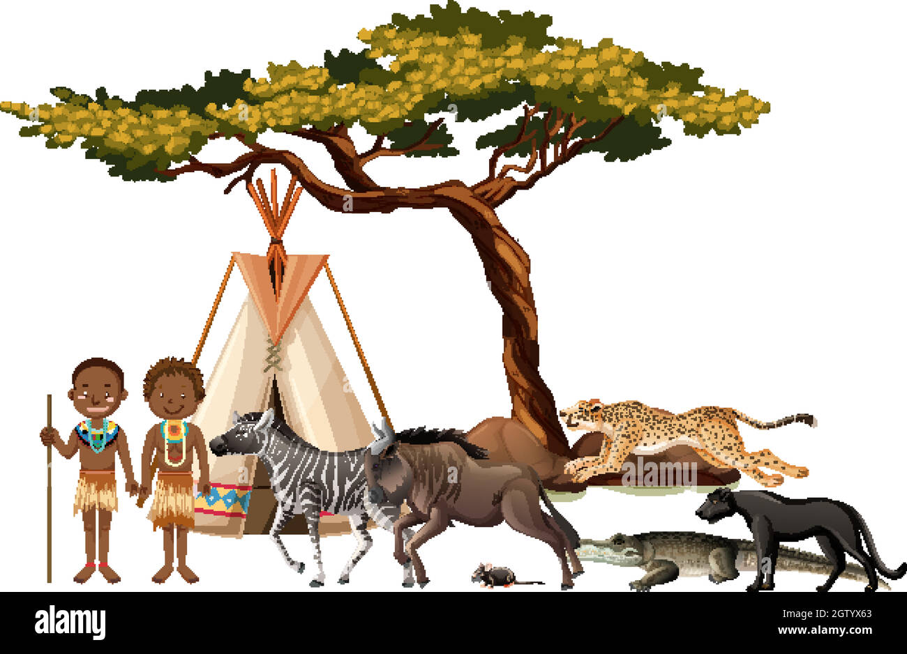 African tribe with group of wild african animal on white background ...