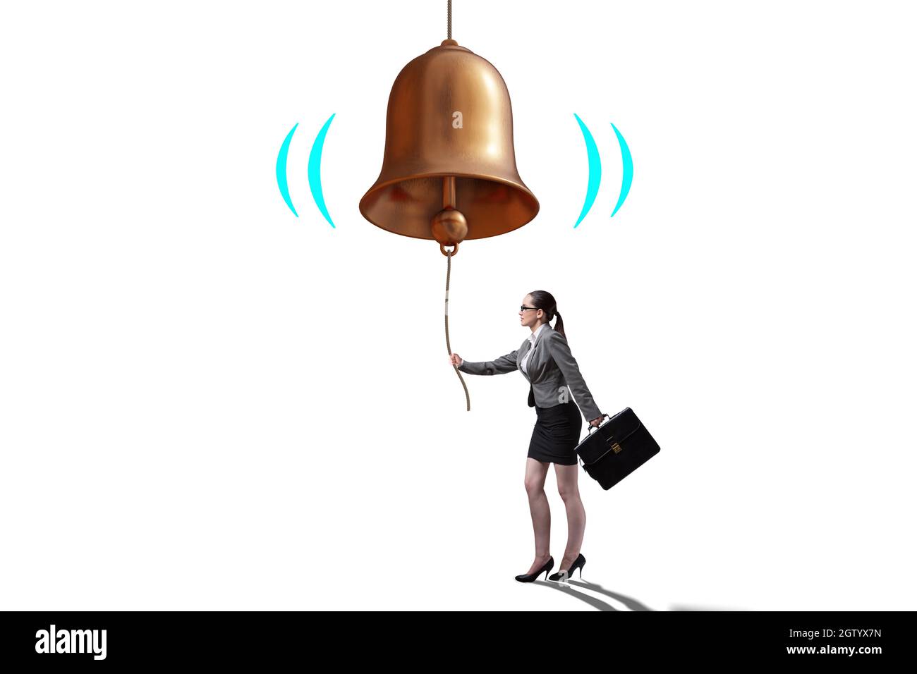Businesswoman ringing the bell in case of the danger Stock Photo - Alamy