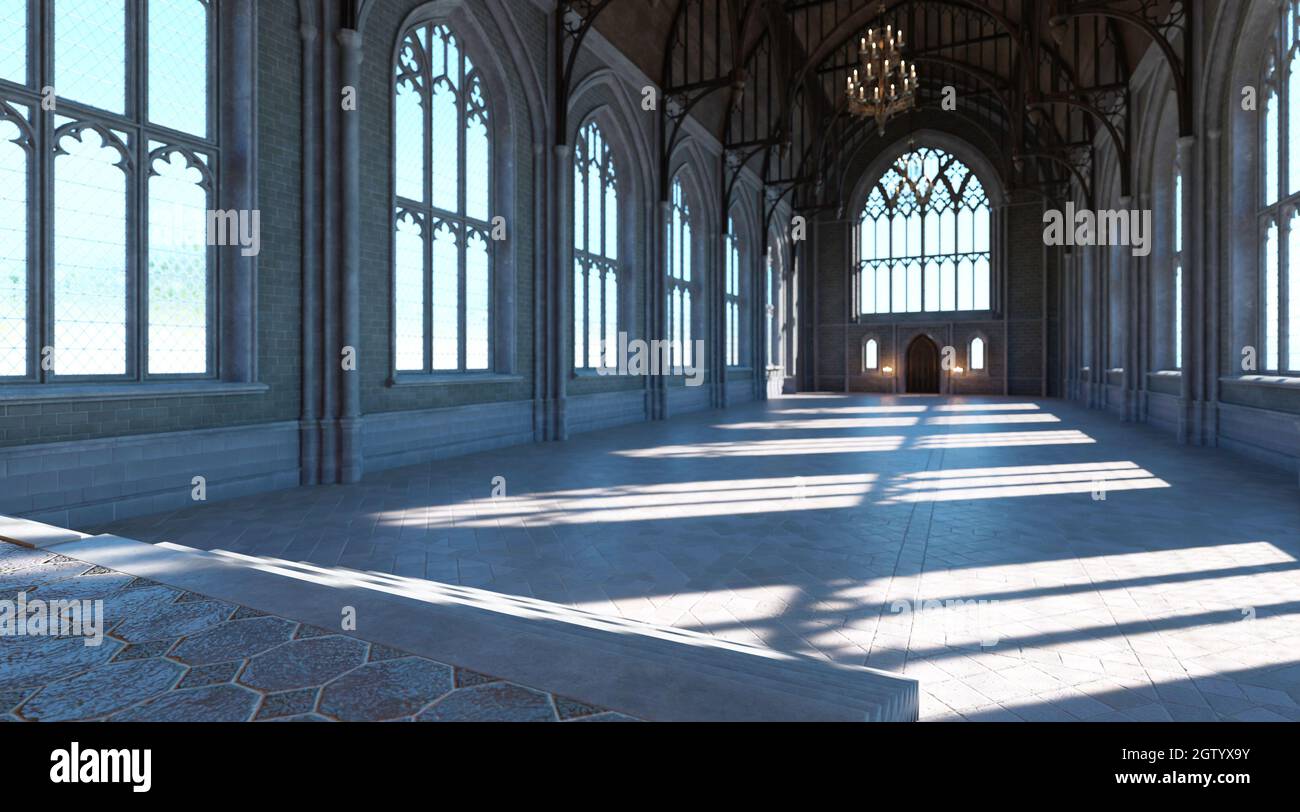 3D illustration fantasy medieval throne room in the castle Stock Photo ...