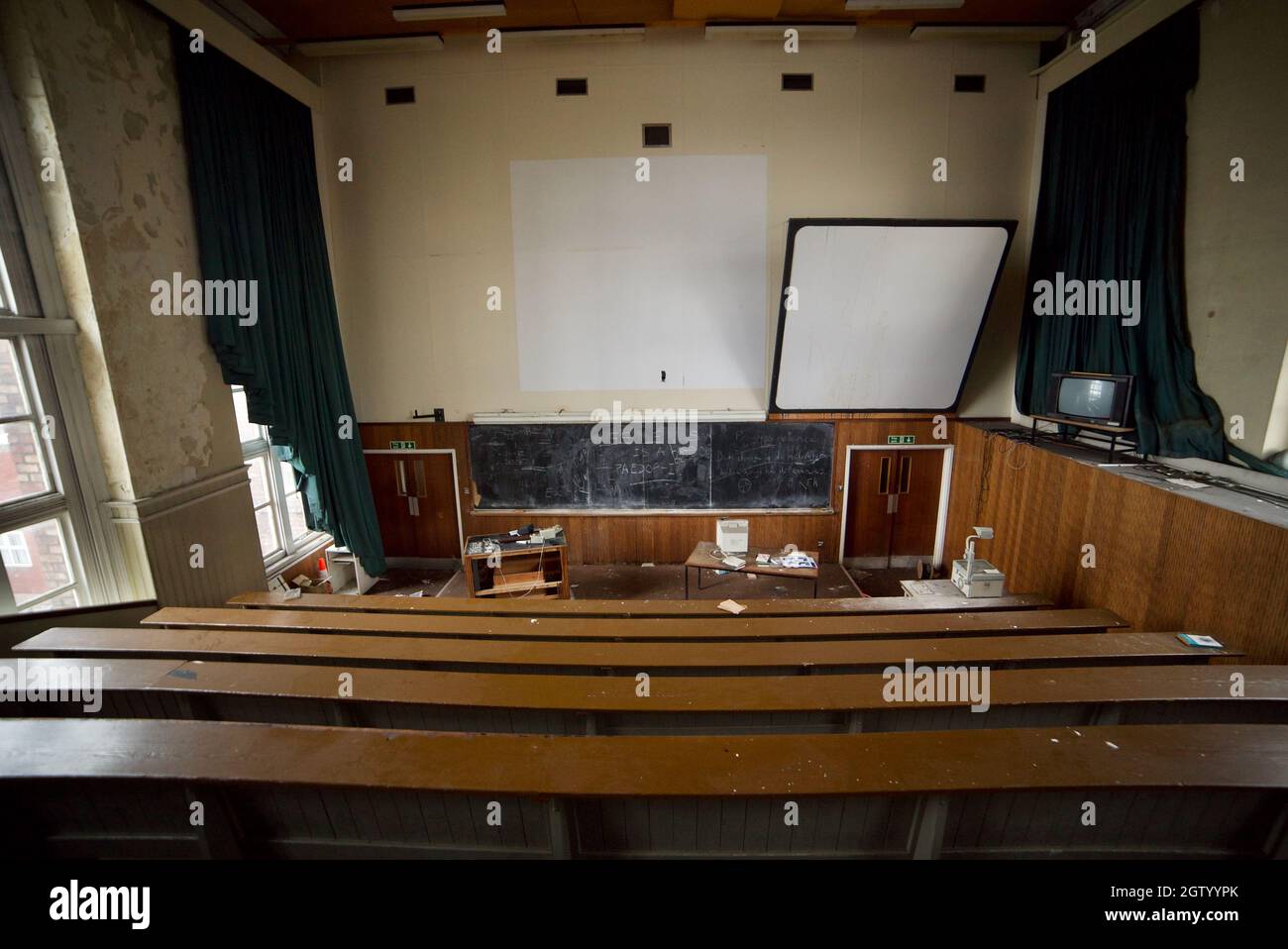 Abandoned lecture theatre inside a disused Zoology building of ...