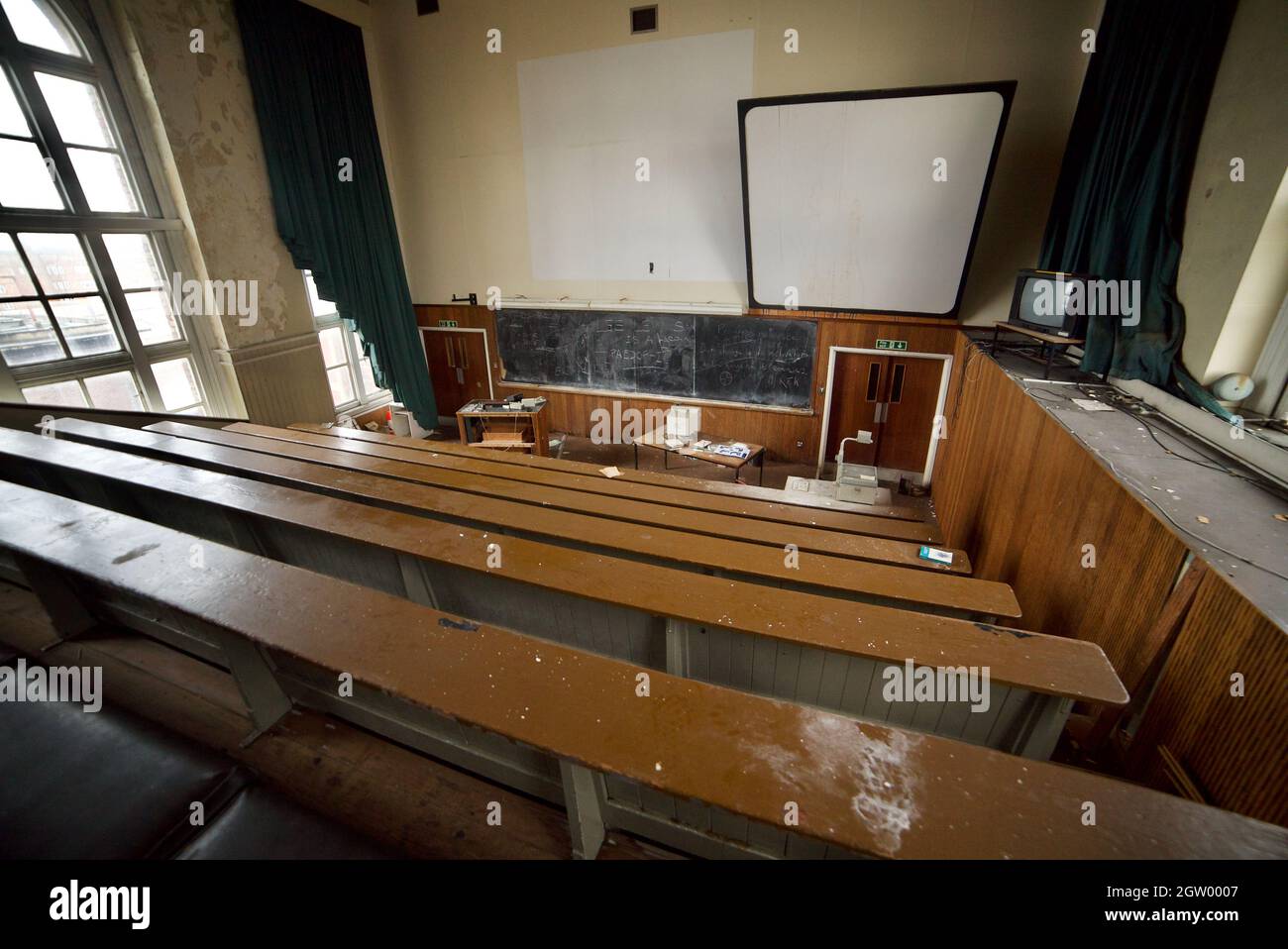 Abandoned lecture theatre inside a disused Zoology building of ...