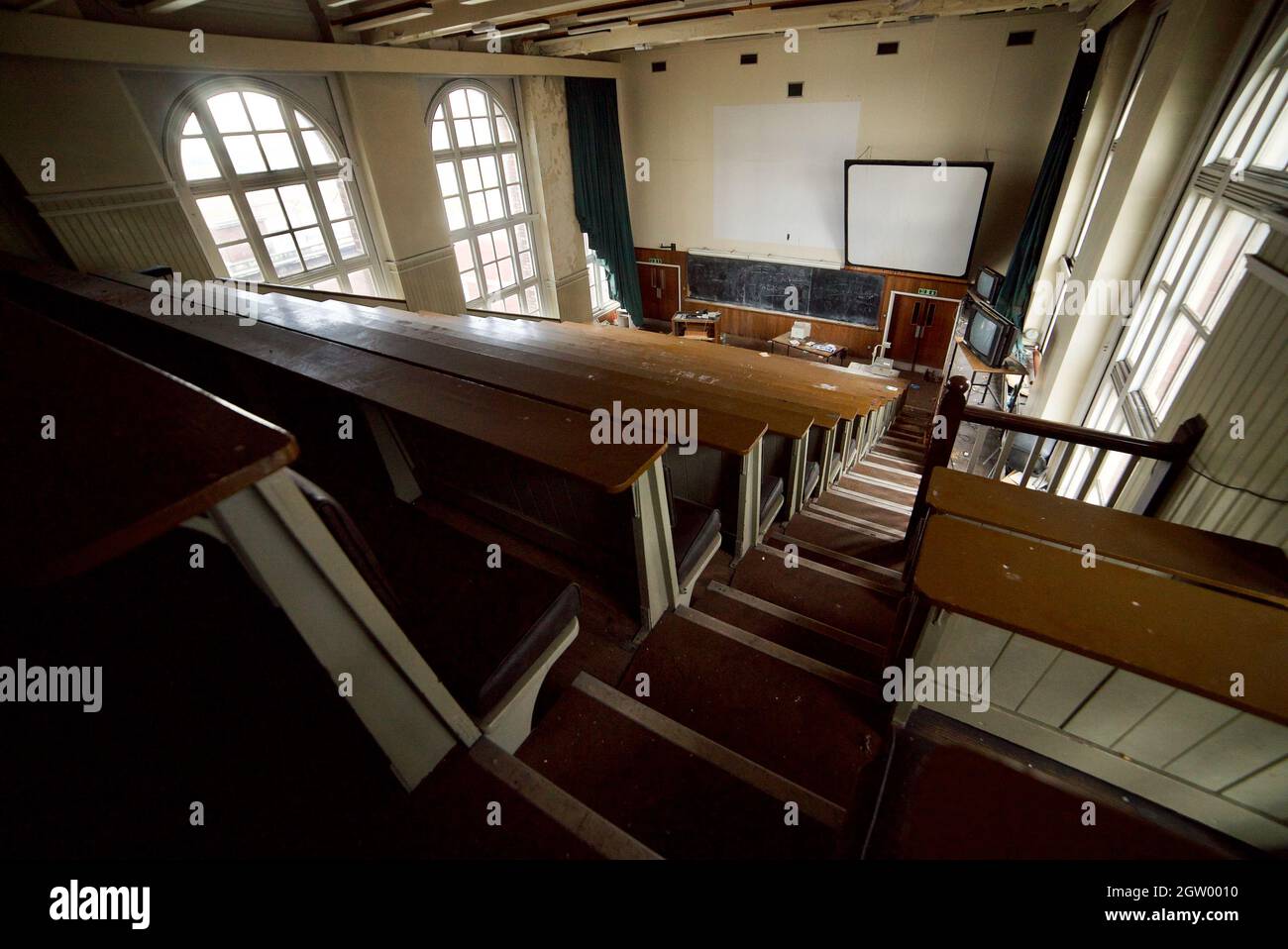Abandoned lecture theatre inside a disused Zoology building of ...