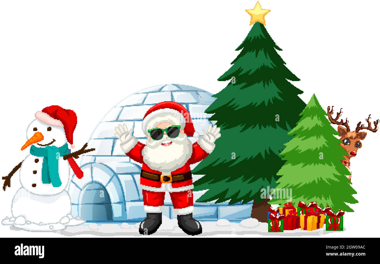 Santa Claus with many gifts and igloo on white background Stock Vector ...