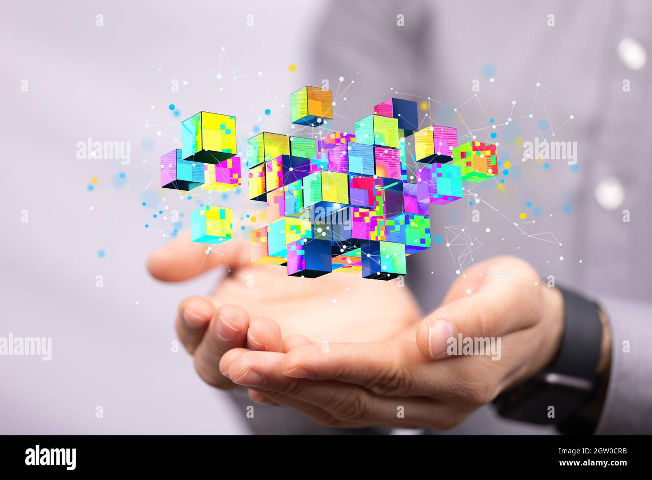 3D rendering of Polygonal wireframe art looks like constellation-small data Cloud technology ...