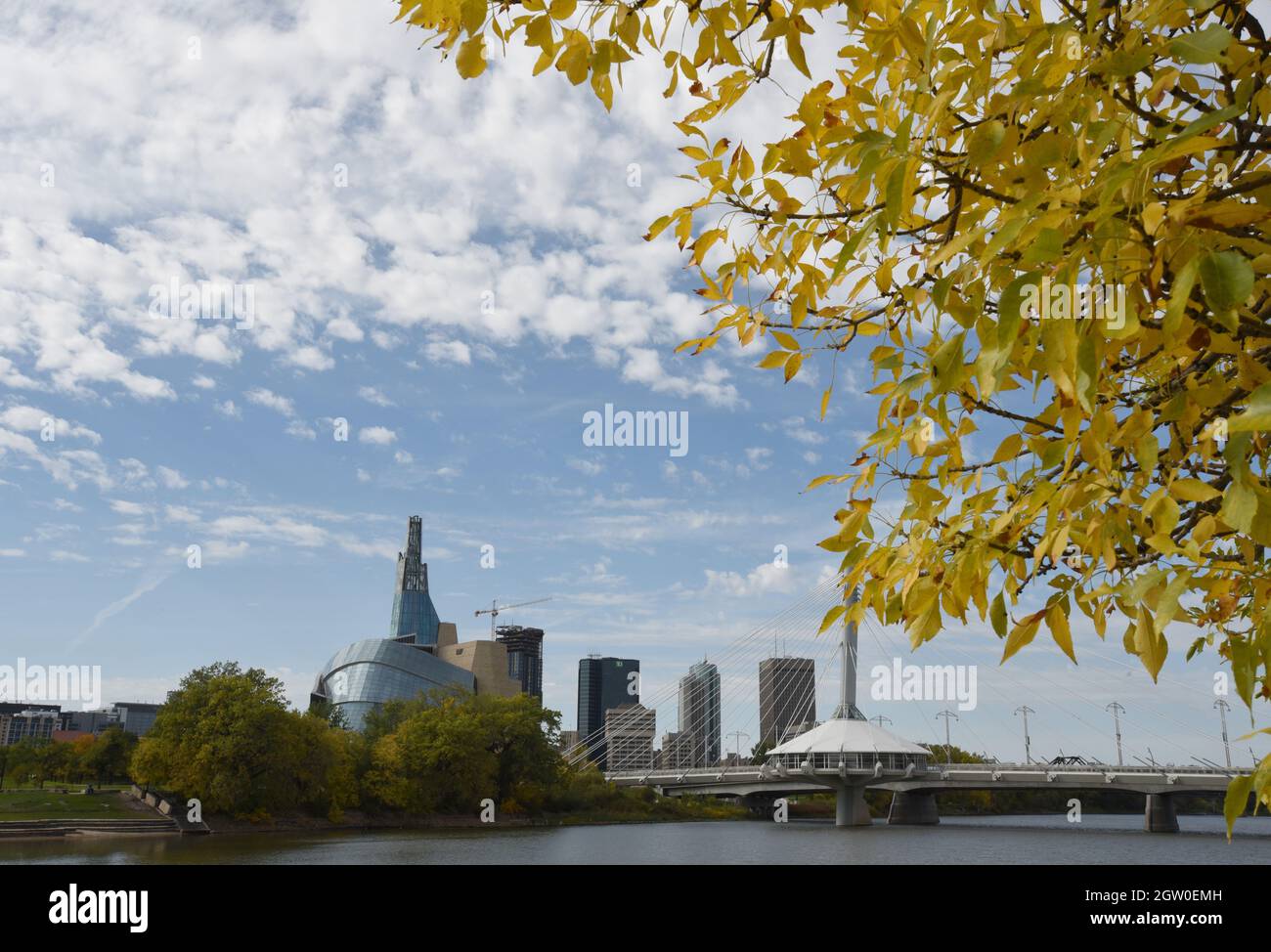 Fall foliage and the skyline of Winnipeg, Manitoba, Canada with the ...