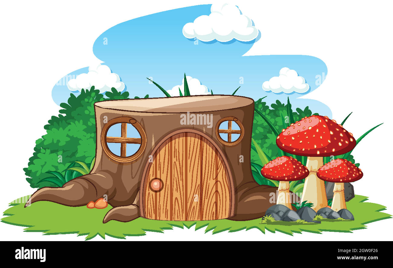 Stump house with mushroom in cartoon style on white background Stock ...