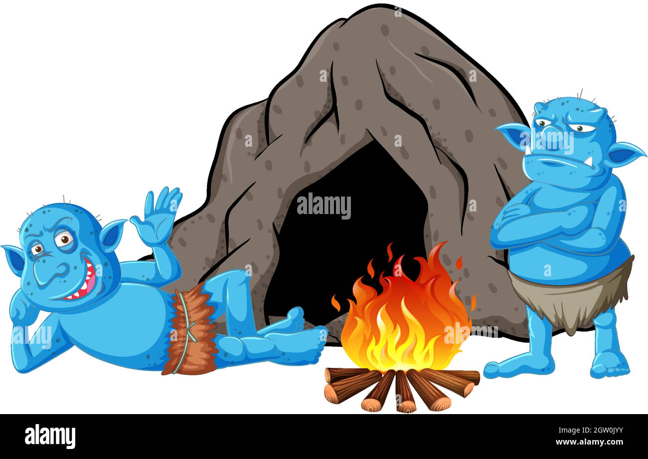 Goblins or trolls with cave house and camp fire in cartoon style ...