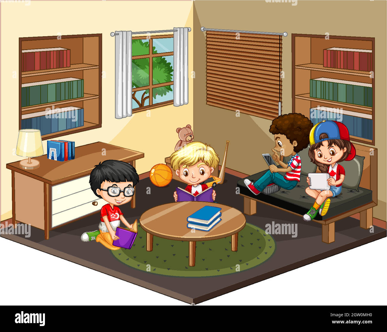 Kids in the living room scene on white background Stock Vector Image ...