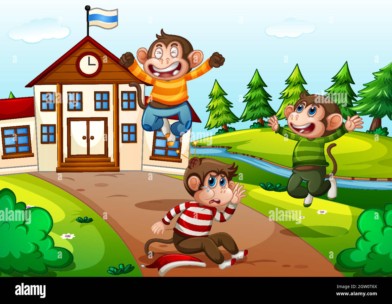 Three monkeys playing in the school scene Stock Vector Image & Art - Alamy