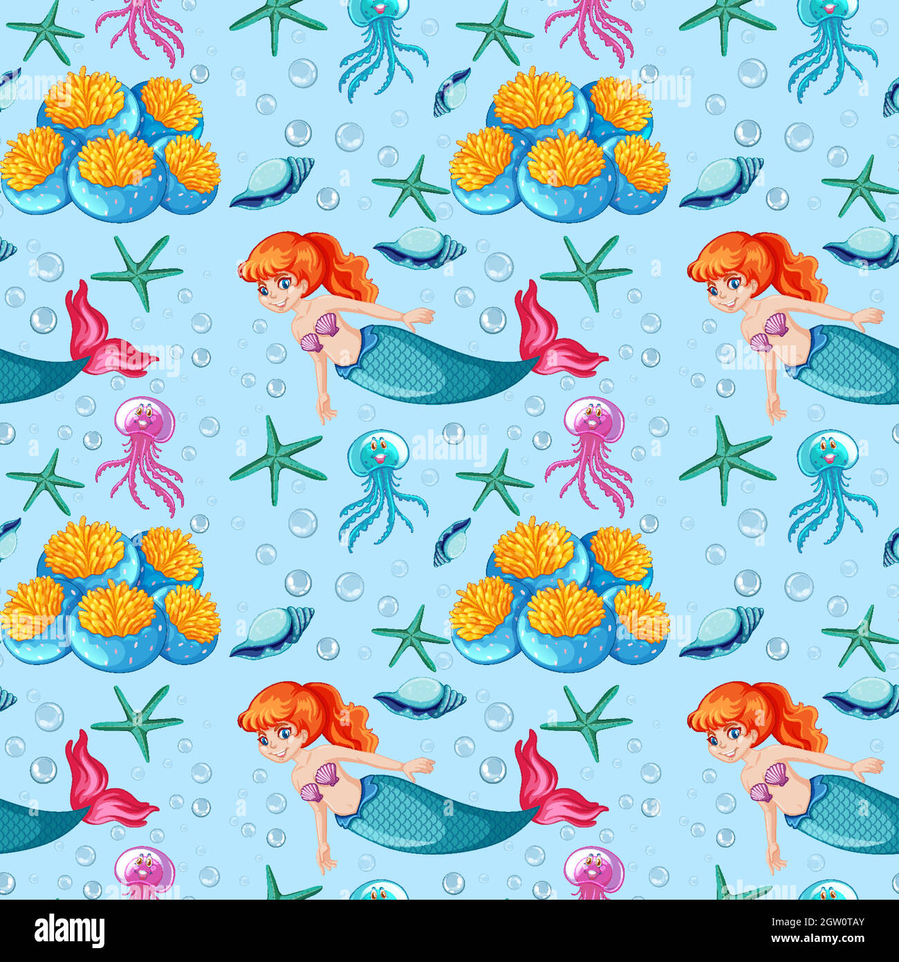 Seamless mermaid and sea animal cartoon character on blue background ...