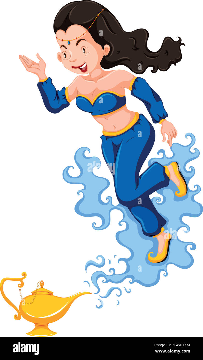 Genie In Blue Outfit Comes Out Of Lamp Stock Vector Image And Art Alamy