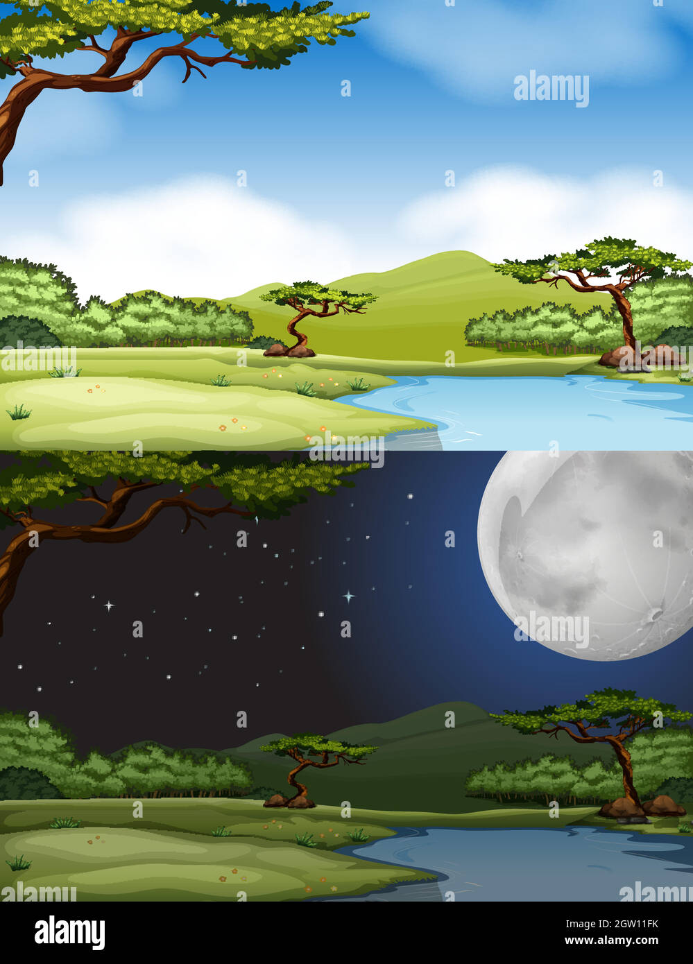 River scene at daytime and nighttime Stock Vector Image & Art - Alamy