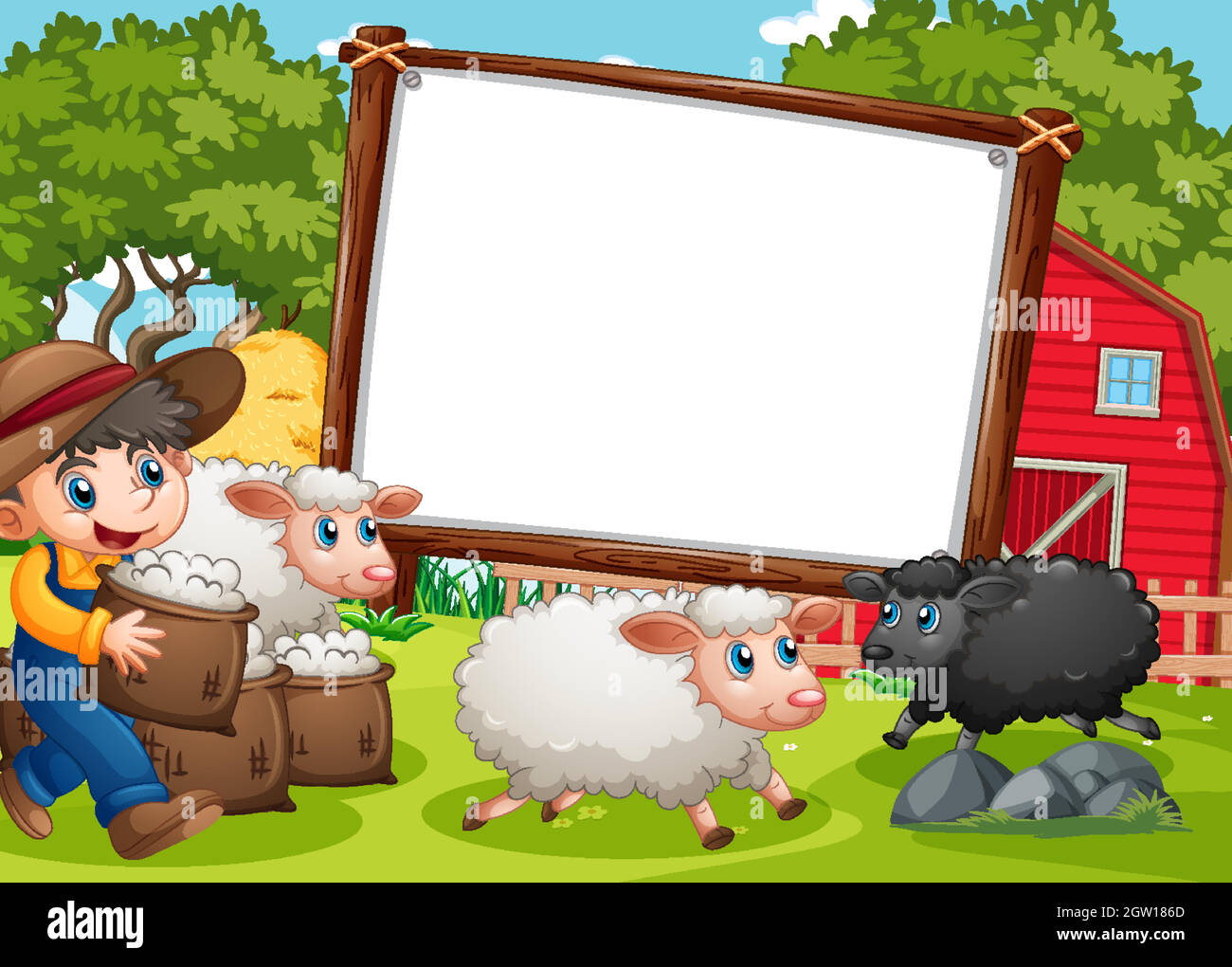Blank banner in farm scene with a boy and many sheeps Stock Vector ...