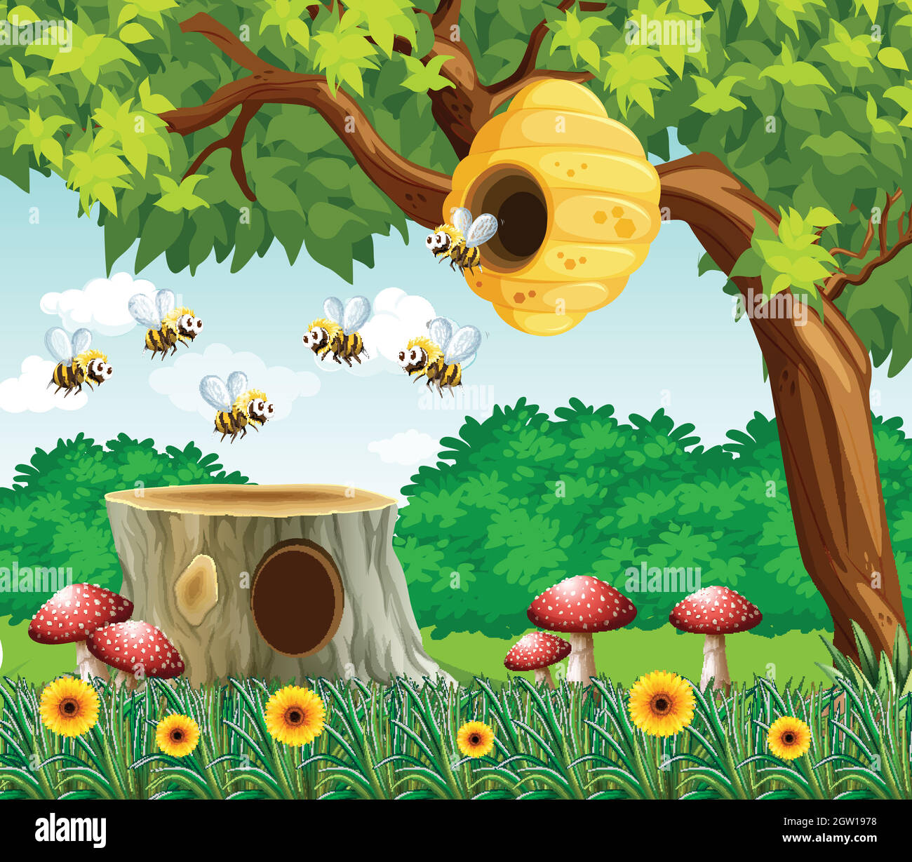 Garden scene with bees flying Stock Vector Image & Art - Alamy