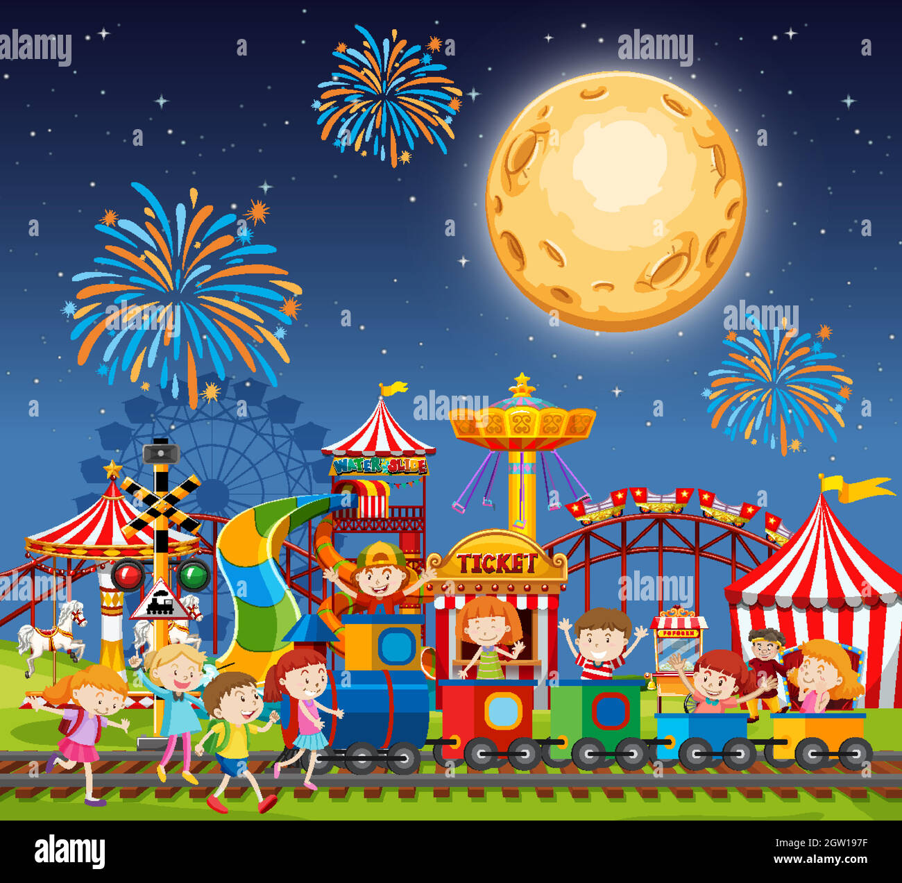 Amusement park scene at night with fireworks and moon in the sky Stock ...