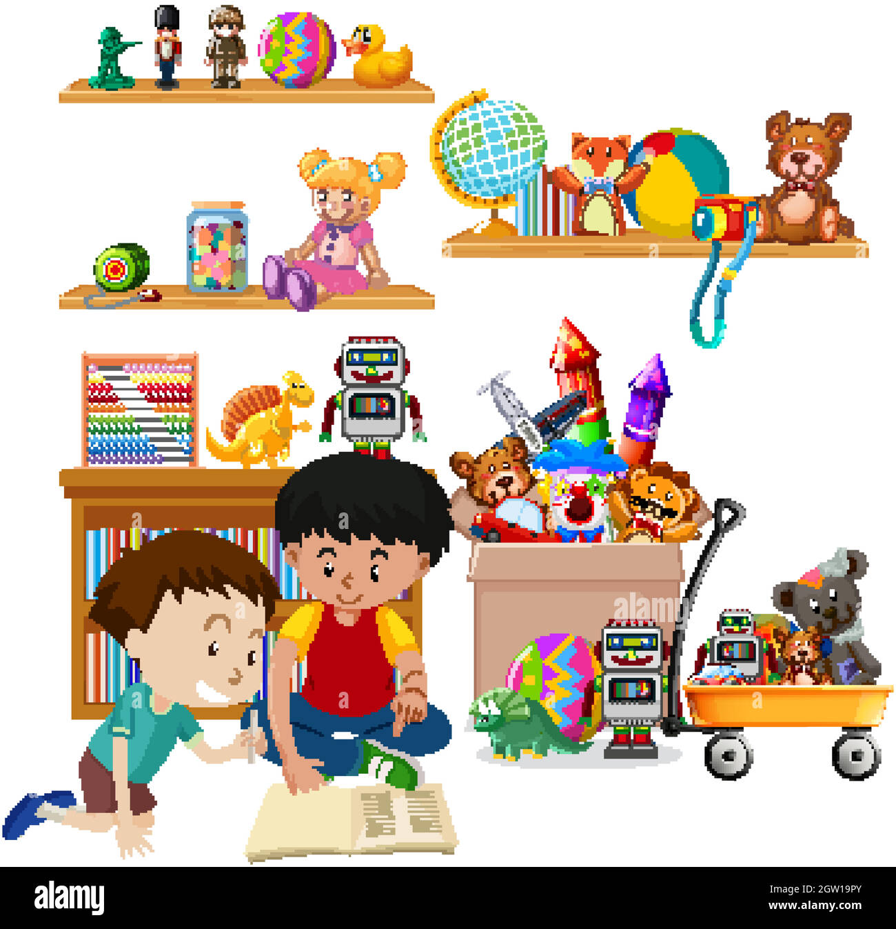 Shelf full of books and toys on white background Stock Vector Image ...